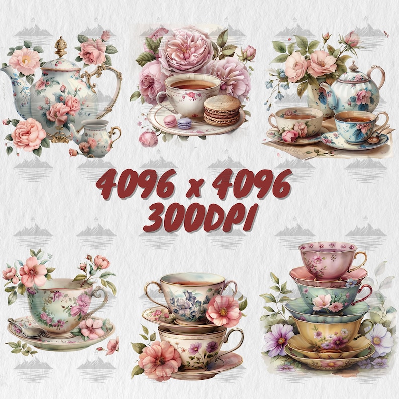 30 Watercolor Pink Vintage Floral Tea Time Clipart, Pastel Tea Clipart ...