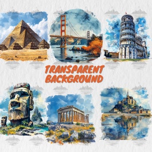 40 Watercolor Landmarks PNG Clipart Bundle, Popular Landmarks Clipart ...