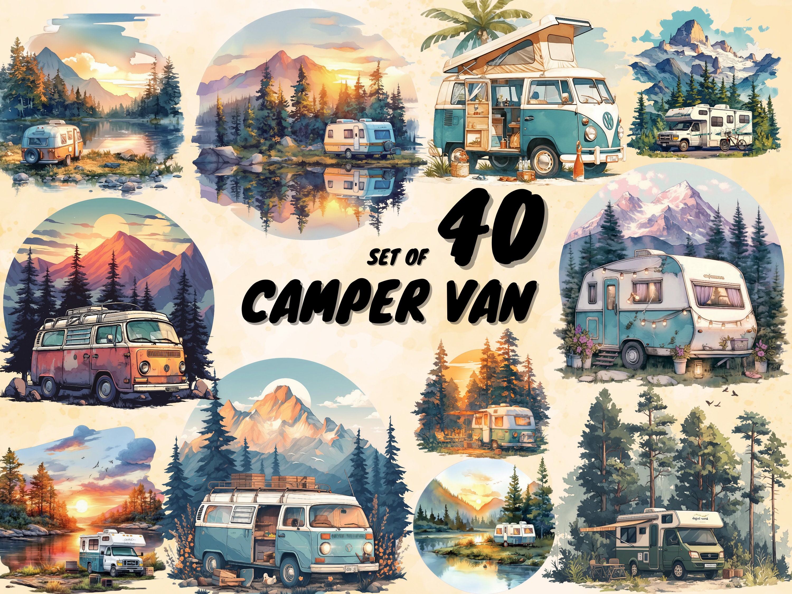 40 Watercolor Camper Vans Clipart, Adventure Van Clipart, Magical ...