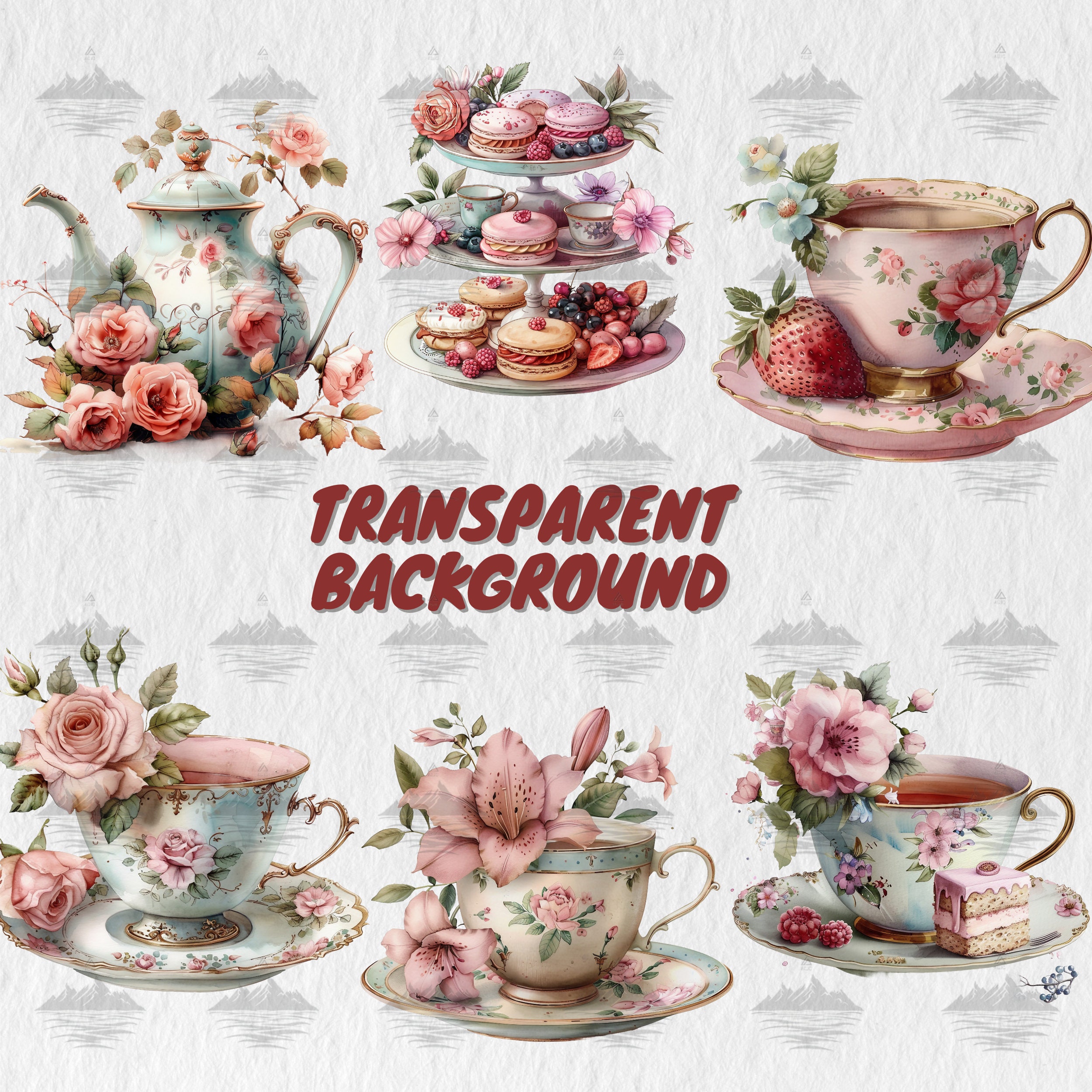 30 Watercolor Pink Vintage Floral Tea Time Clipart, Pastel Tea Clipart ...