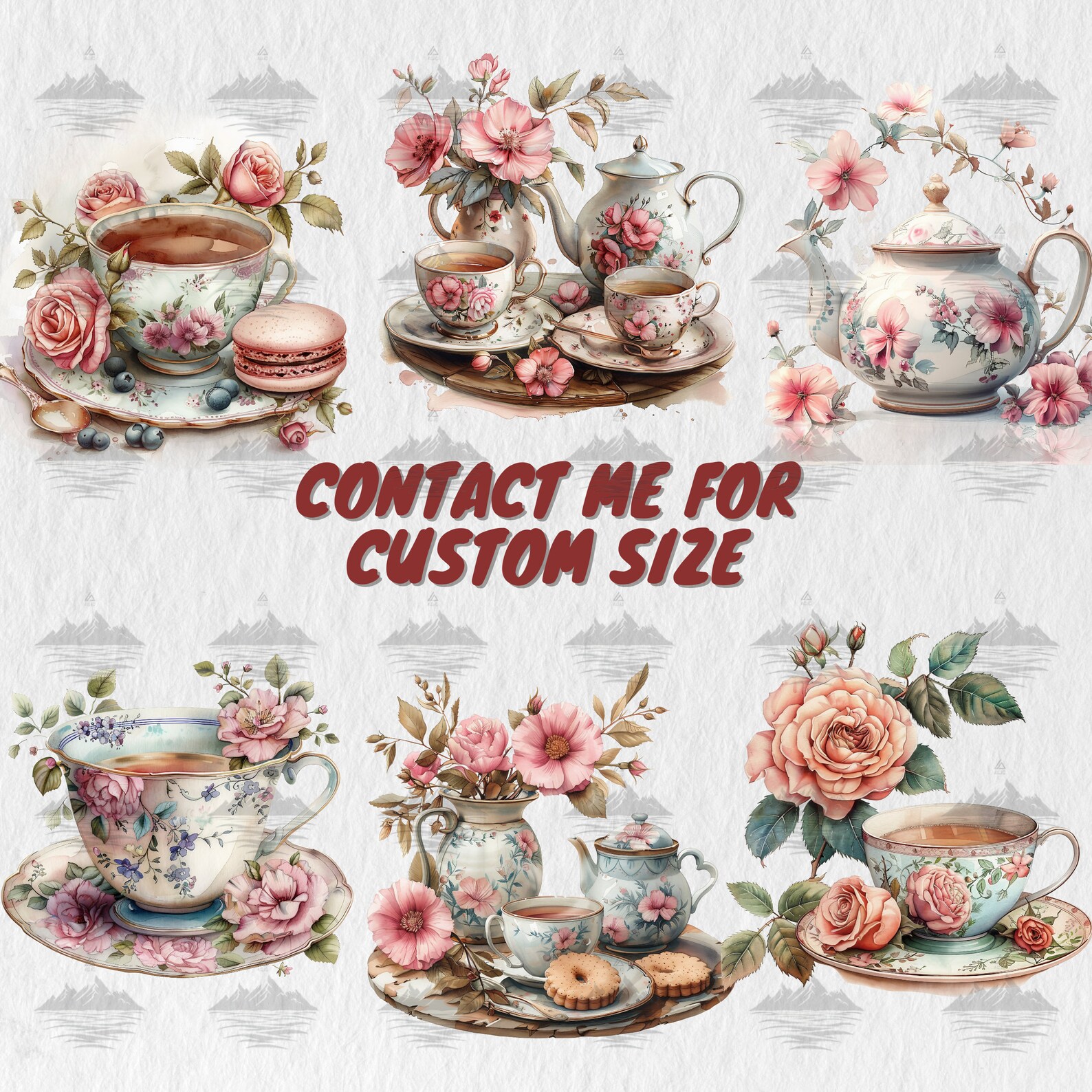 30 Watercolor Pink Vintage Floral Tea Time Clipart, Pastel Tea Clipart ...