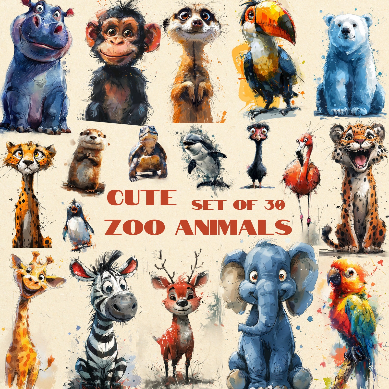 30 Cute Zoo Animals Clipart, Whimsical Animal Graphics for DIY Projects ...