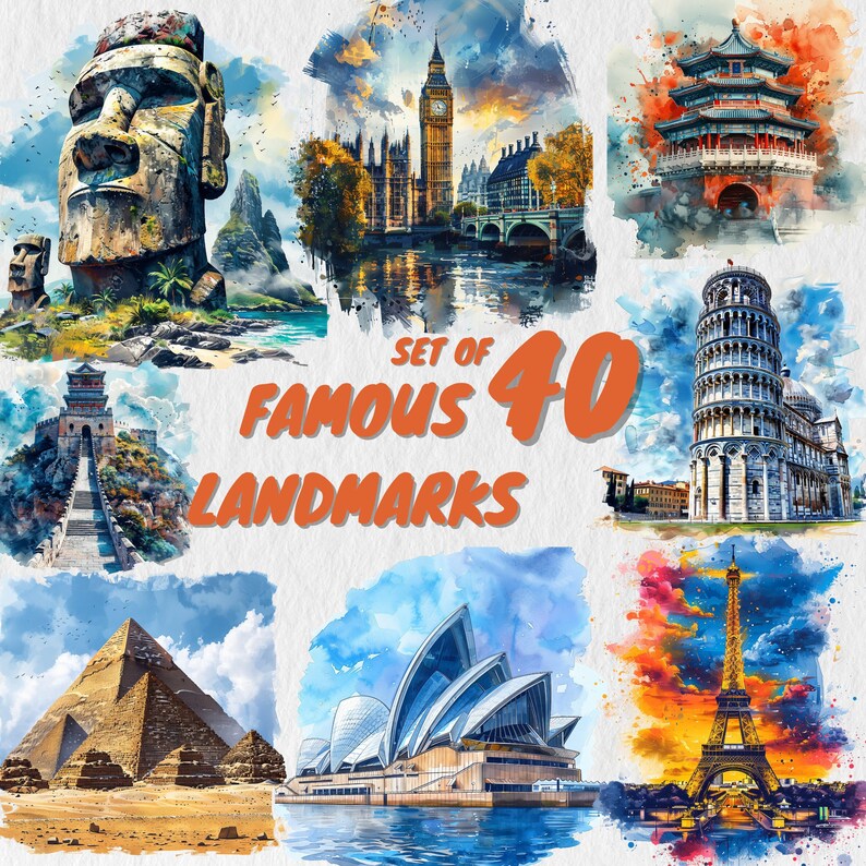 40 Watercolor Landmarks PNG Clipart Bundle, Popular Landmarks Clipart ...