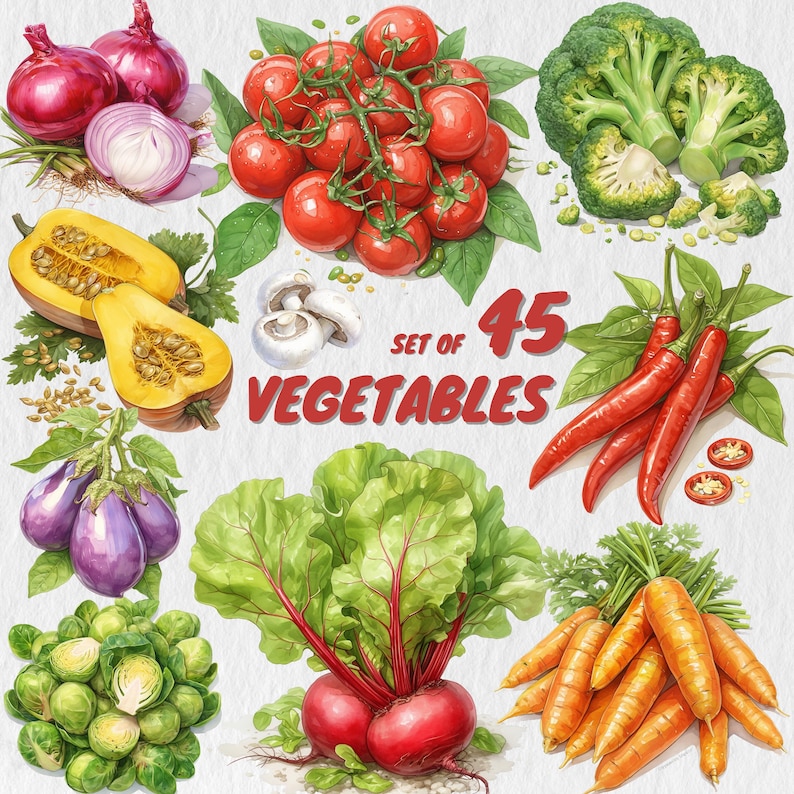 45 Watercolor Vegetables PNG Clipart Bundle, Tomato, Carrot, Corn ...