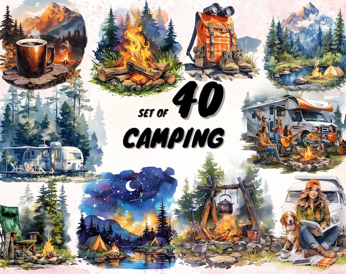 Watercolor Summer Clipart, Camping Clipart, Camp Tent Png, Campfire ...