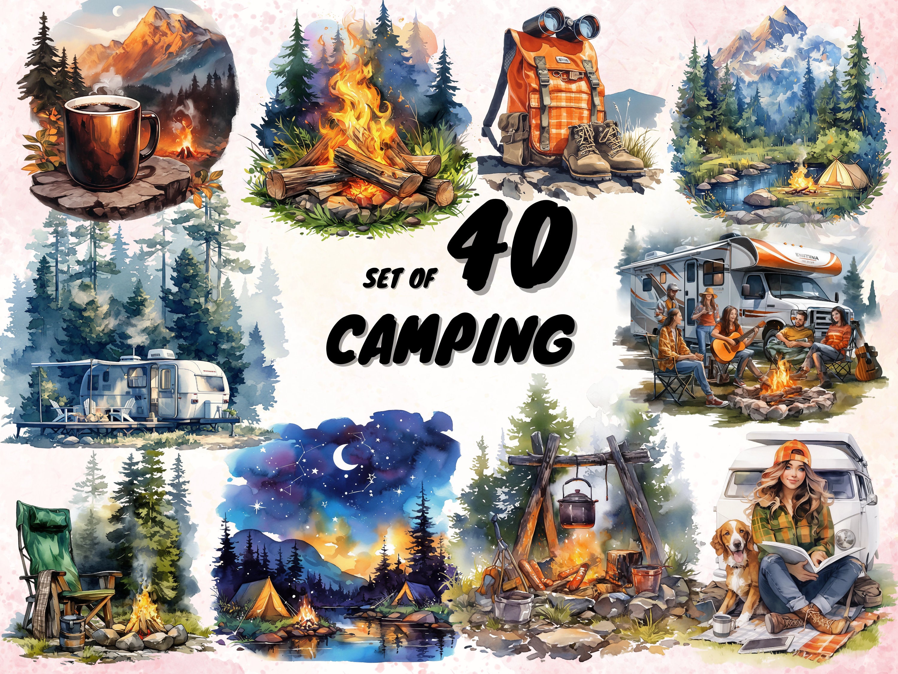45 Watercolor Camping Clipart, Camping Sublimation PNG Bundle, Camp ...