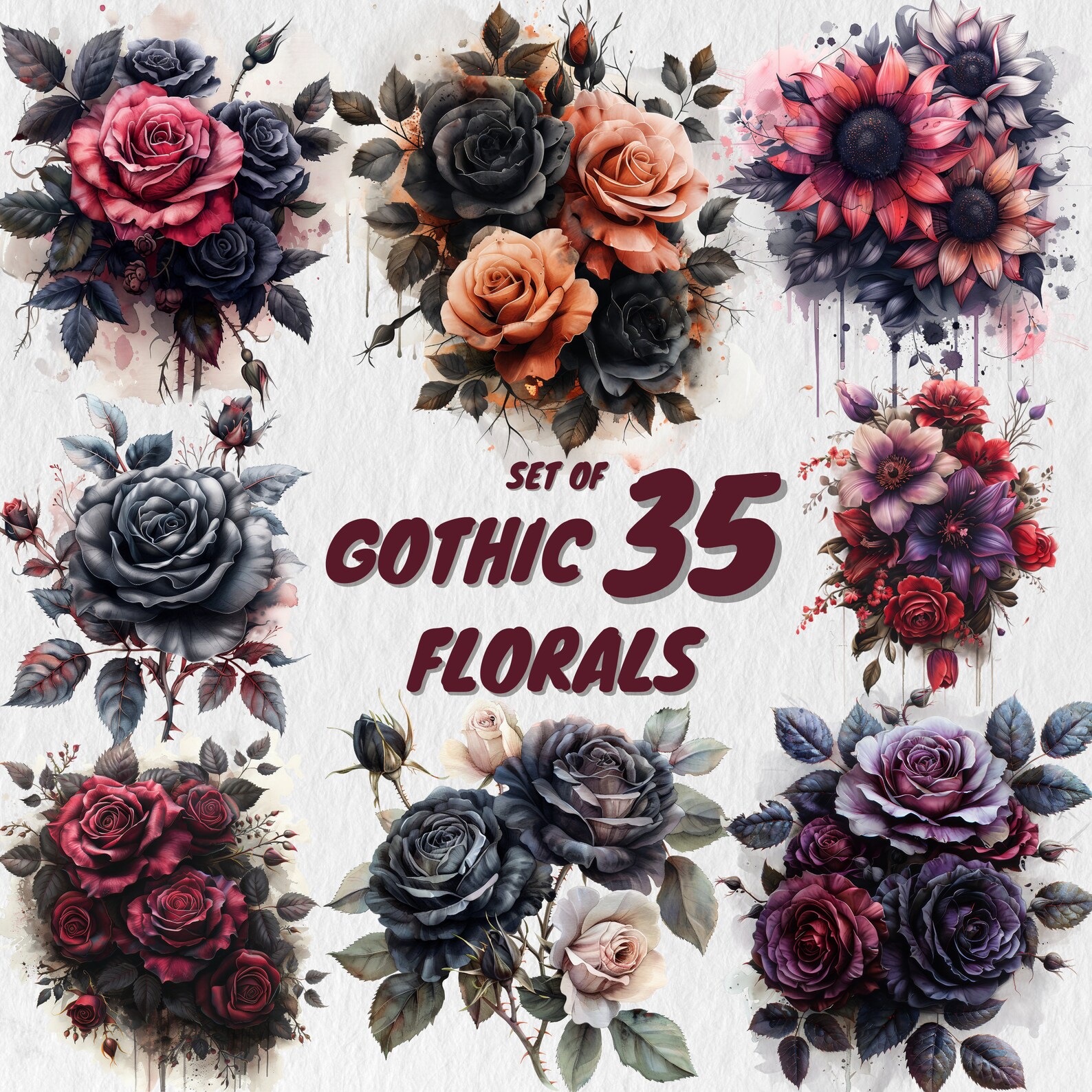35 Watercolor Gothic Floral Clipart, Magical Gothic Flowers Clip Art ...