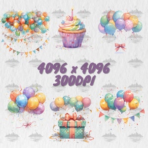 35 Watercolor Birthday Party Cake Present Balloons Clipart Bundle ...