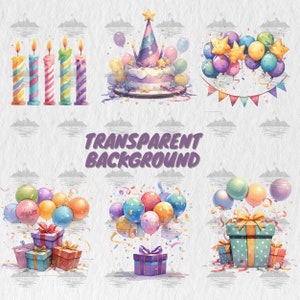 35 Watercolor Birthday Party Cake Present Balloons Clipart Bundle ...
