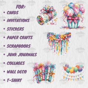 35 Watercolor Birthday Party Cake Present Balloons Clipart Bundle ...