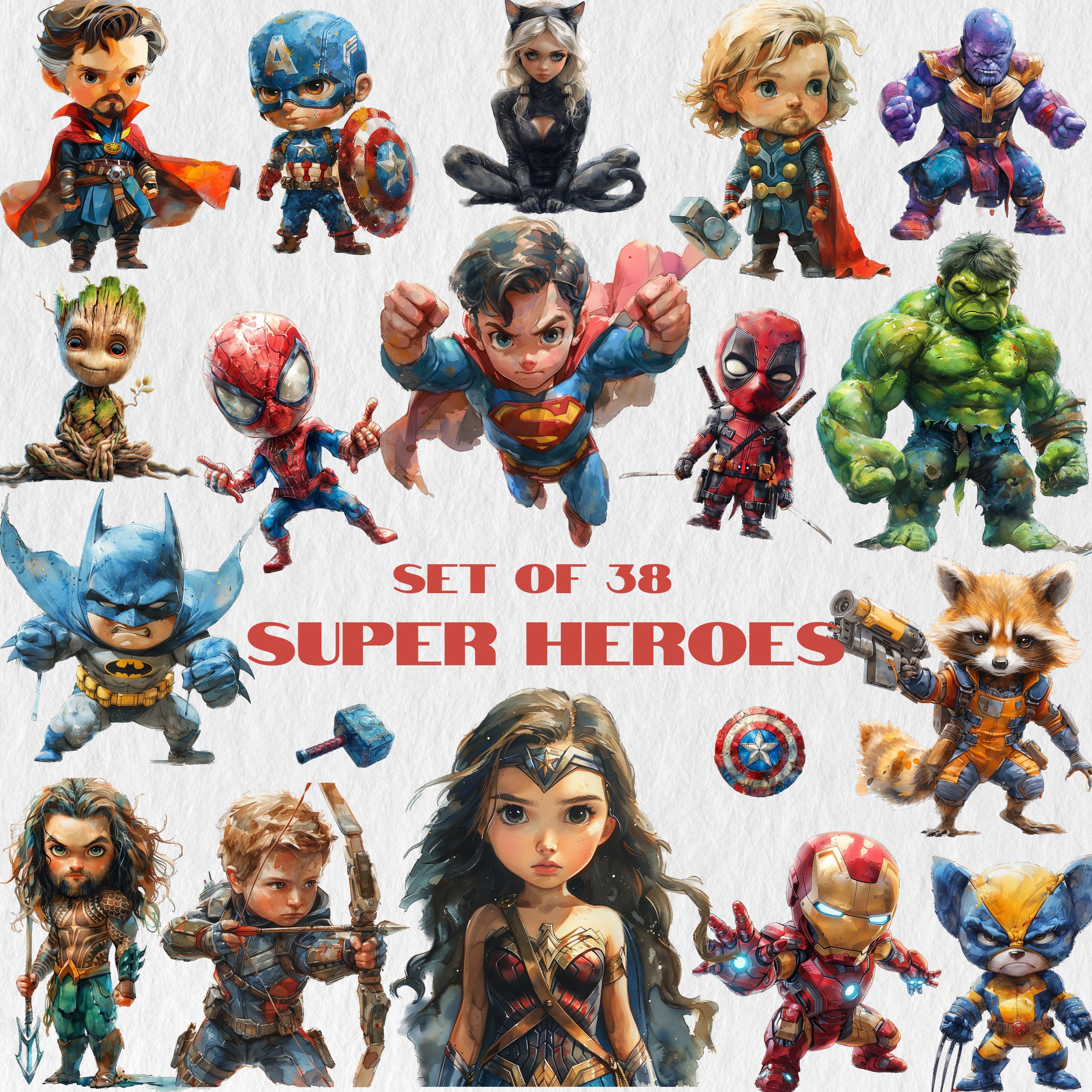 38 Superheroes Clipart Set, High-quality and Colorful Graphics for DIY ...