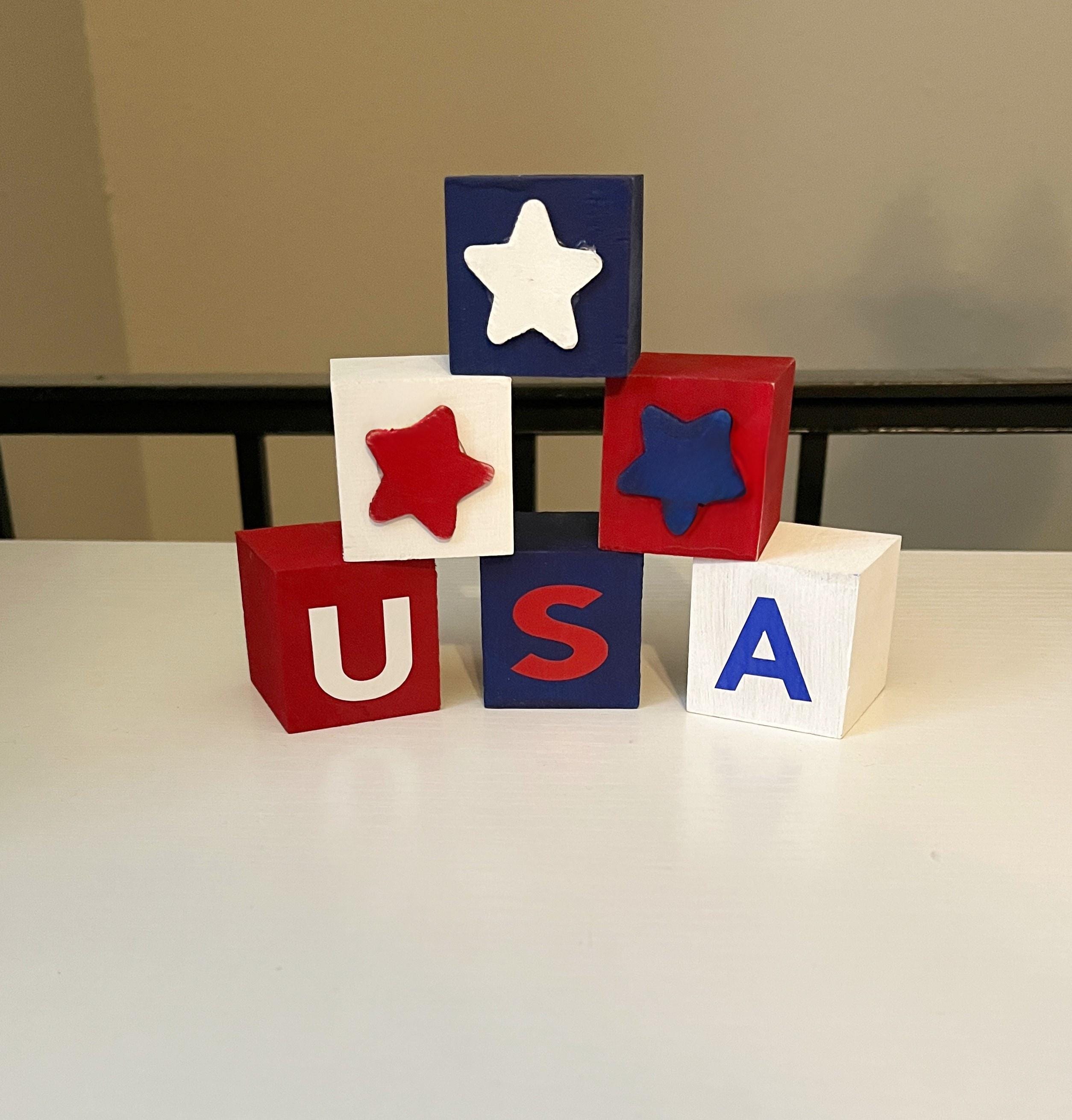 Patriotic Tiered Tray Decor Wood Blocks USA Decor Gift July 4th Decor ...