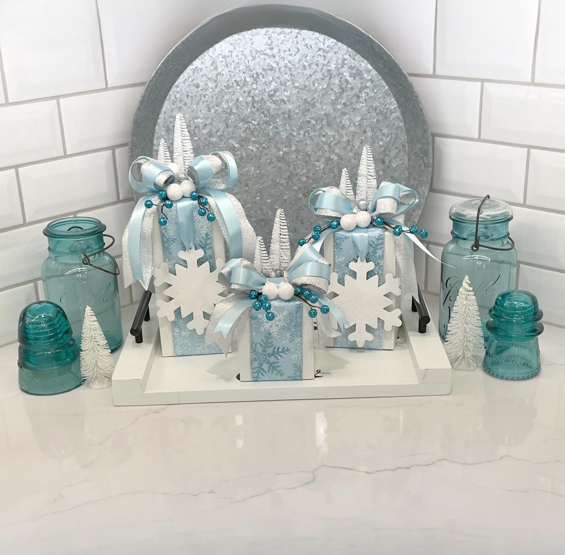 Snowflake Shelf Sitters Blue & White Wooden Holiday Gift Decor Winter ...