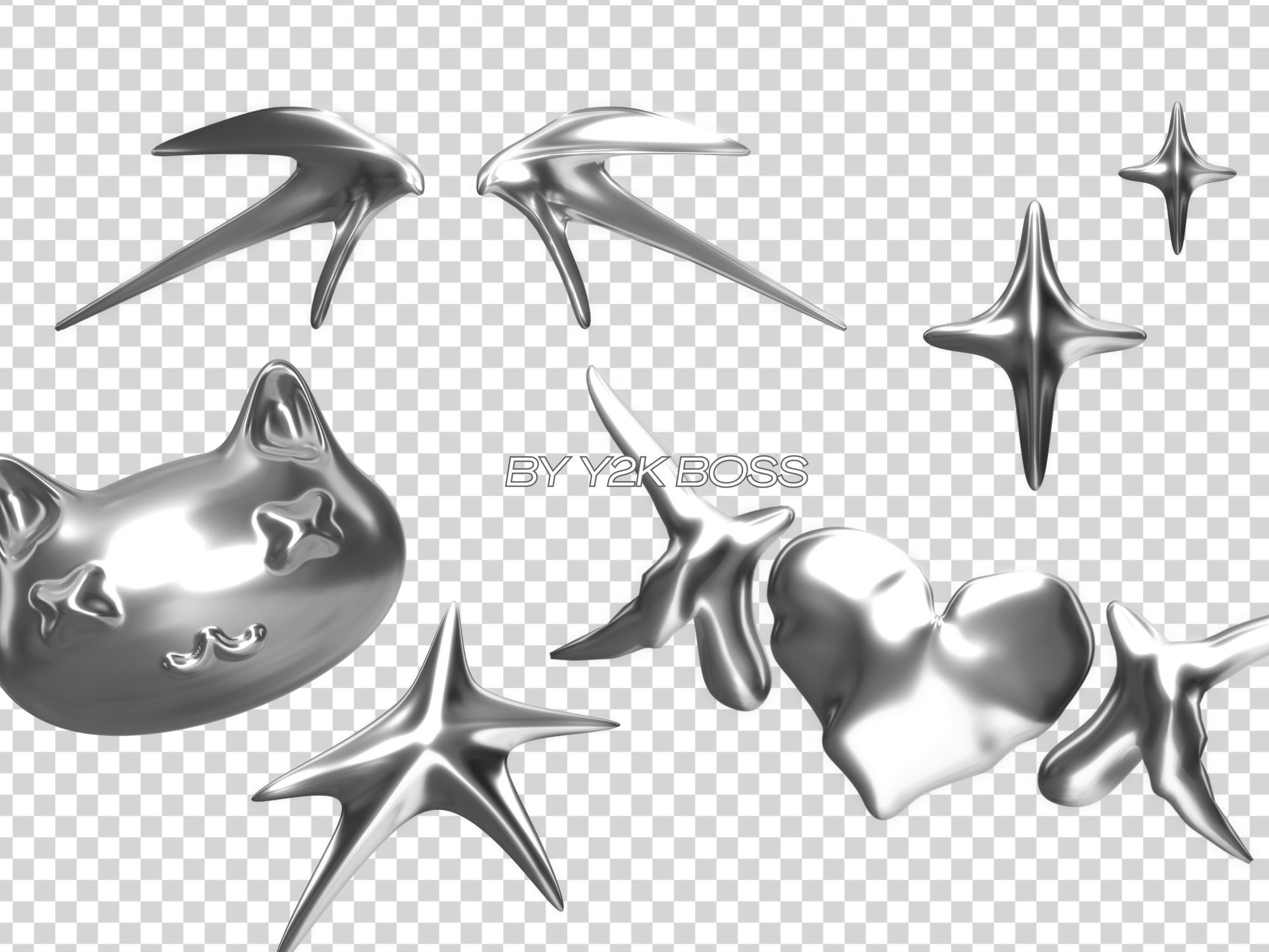 Y2K Elements Set 1 Silver Chrome PNG 3D Rendering Digital Files - Etsy