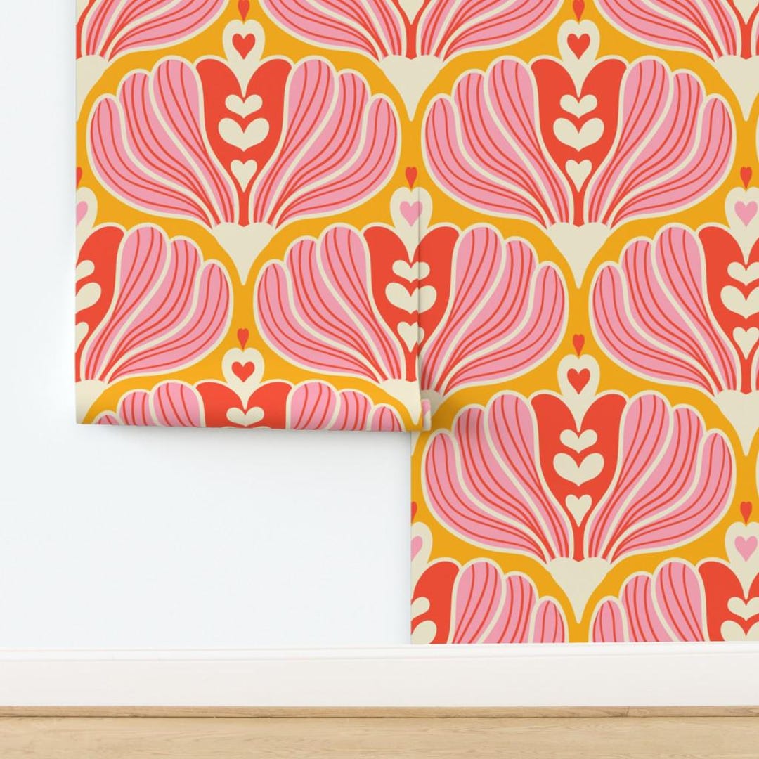 Hand Drawn Abstract Flowers in Dopamine Decor Pink Red on Warm Yellow ...