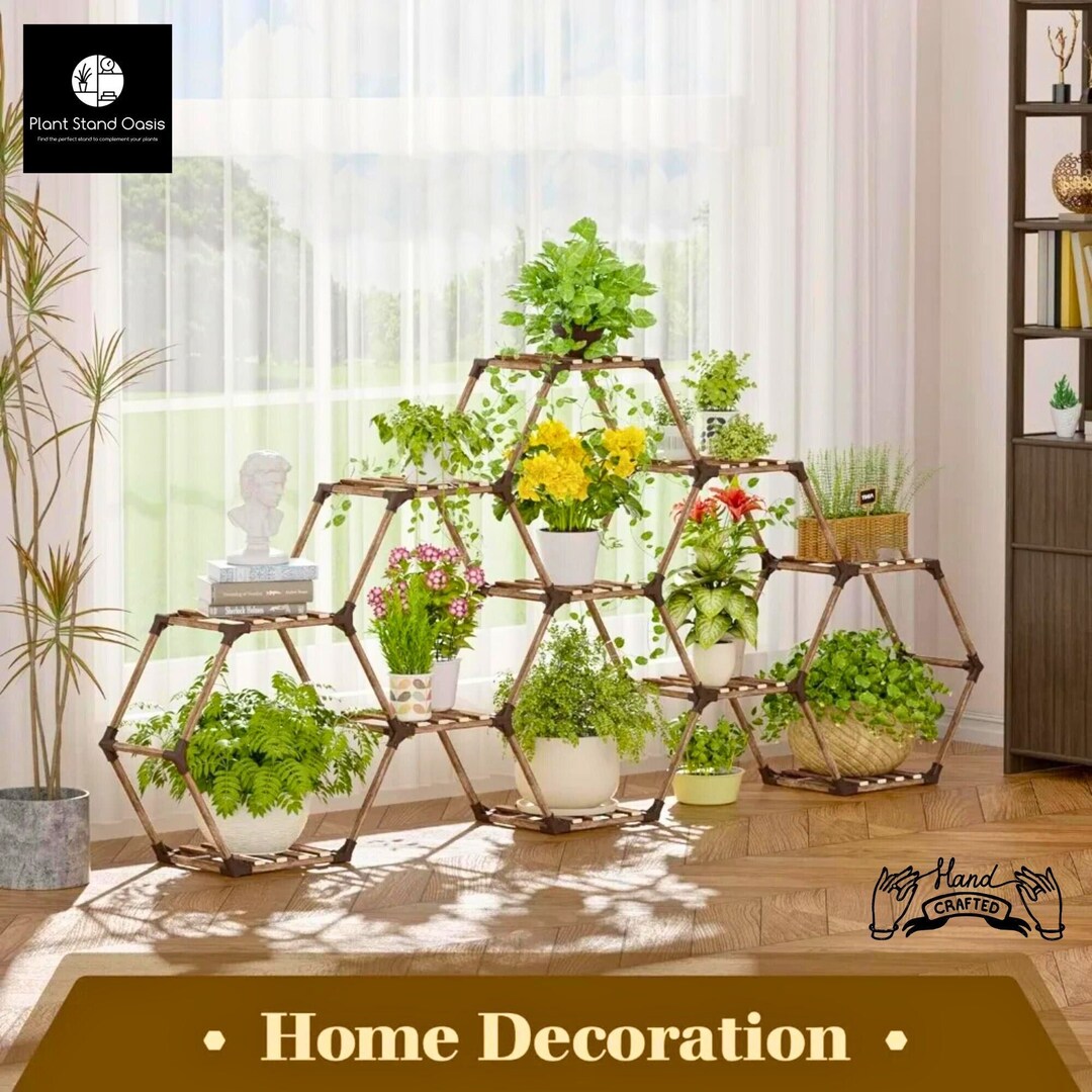 11-tier Wooden Hexagonal Plant Stand, Potted Indoor Outdoor Display ...