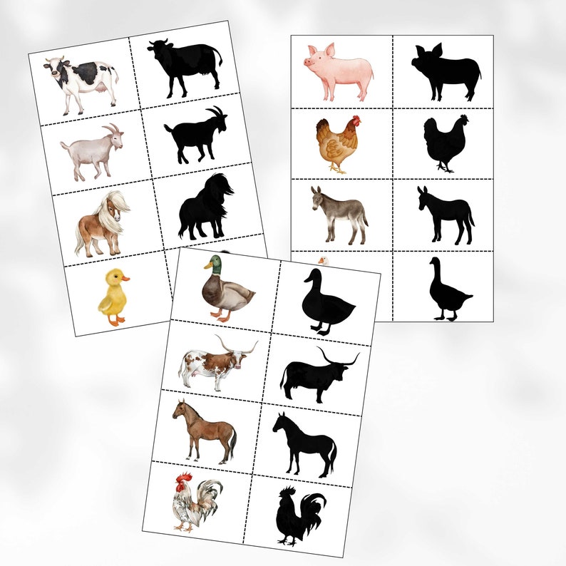 Farm Shadow Matching Game Montessori, Montessori Matching Cards Toddler ...