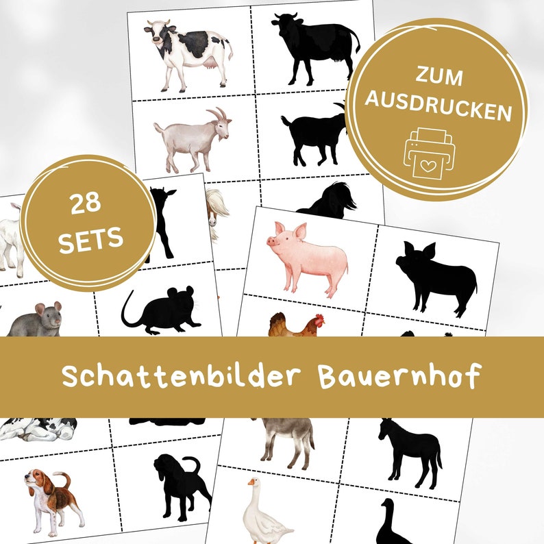 Farm Shadow Matching Game Montessori, Montessori Matching Cards Toddler ...