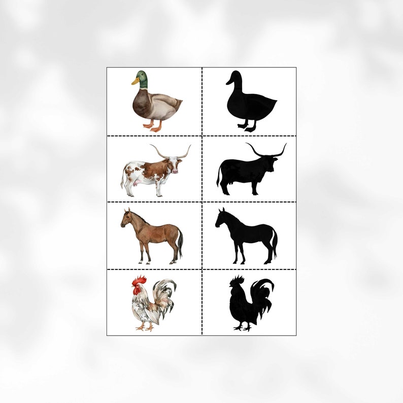 Farm Shadow Matching Game Montessori, Montessori Matching Cards Toddler ...