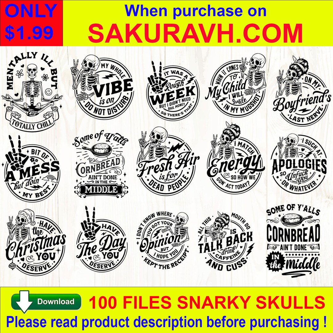 100 Designs Svg/png Snarky Skulls Bundle, Adult Humor Svg, Sarcastic ...