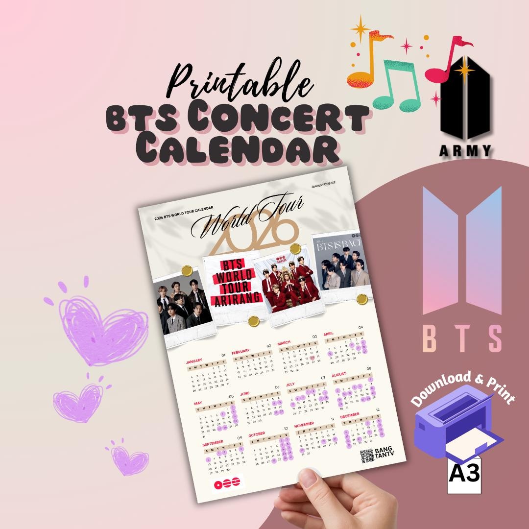 Printable BTS World Tour 2026 Calendar PDF, A3 Concert Dates Planner ...