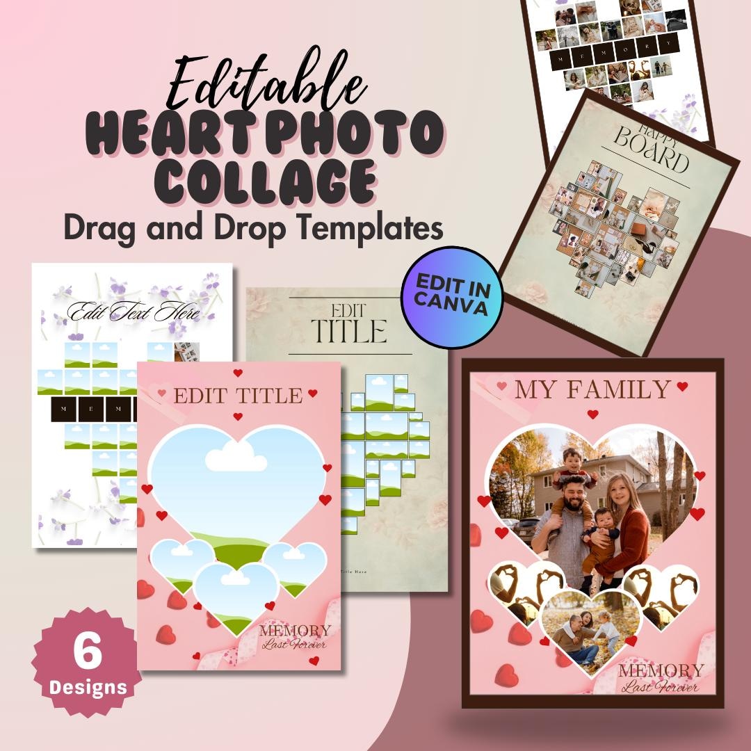 Heart Photo Collage Template Canva | Editable & Printable Wall Art | 6 ...