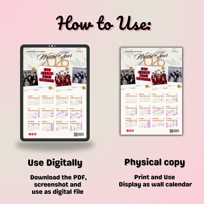Printable BTS World Tour 2026 Calendar PDF, A3 Concert Dates Planner ...