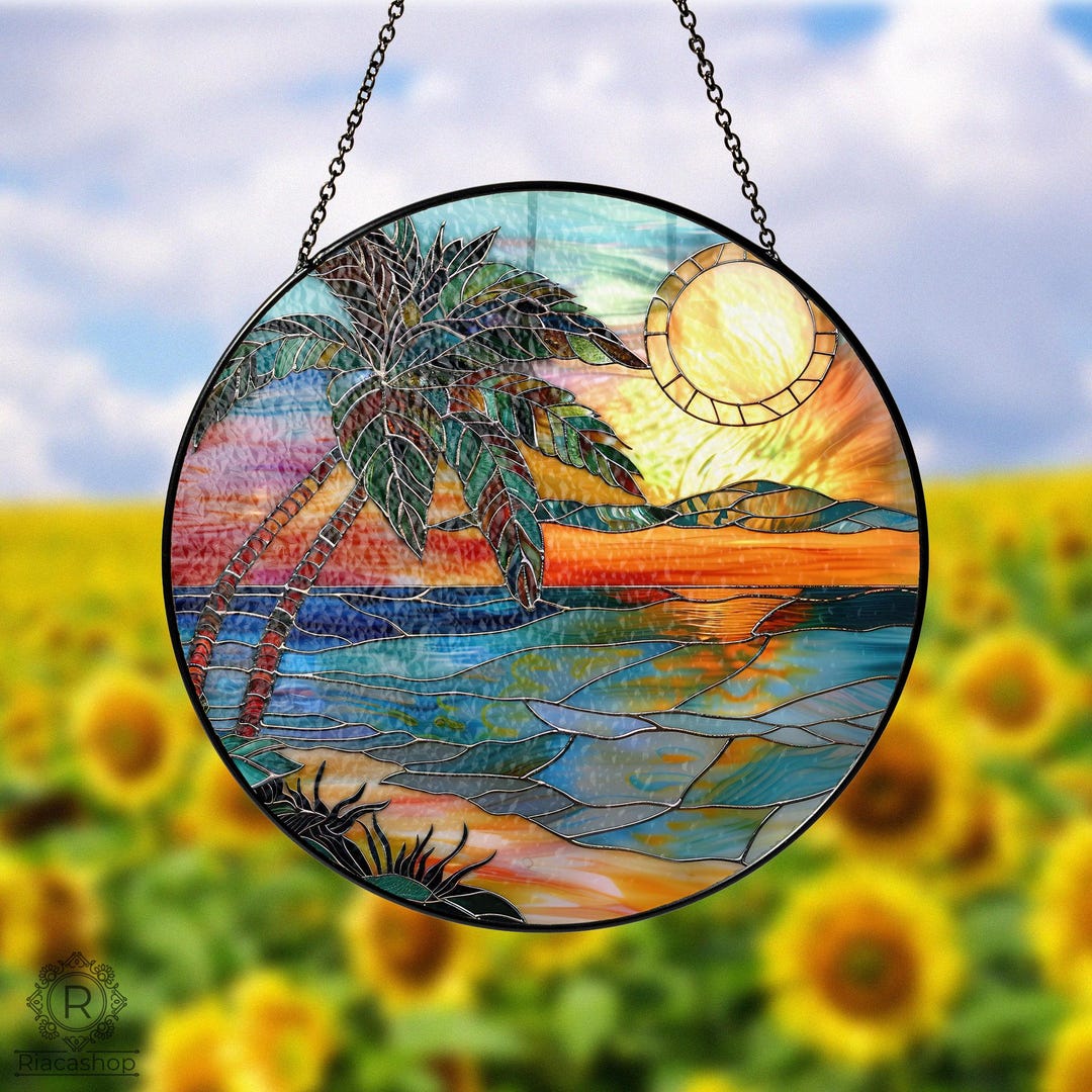 Beach Sunset Scene Window Stained Glass Suncatcher, Window Decor, House ...