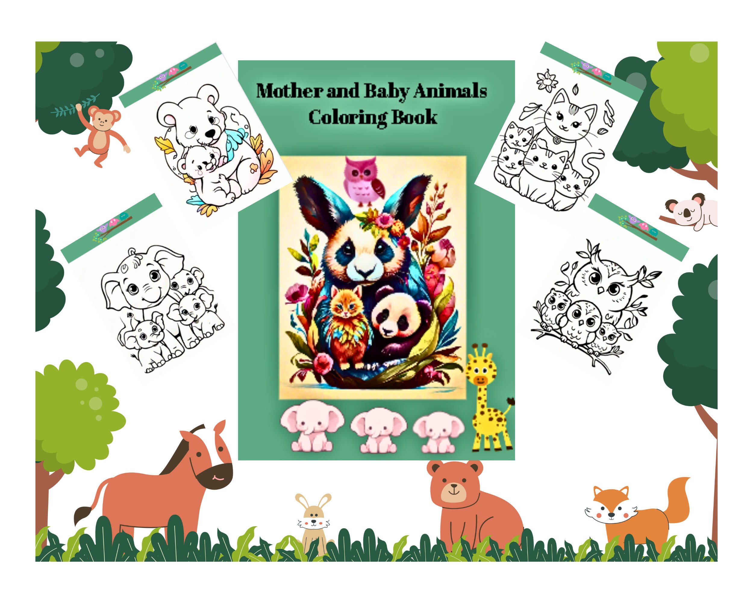 Mother and Baby Animals Digital Coloring Book /for Kids/ Cute Animals ...