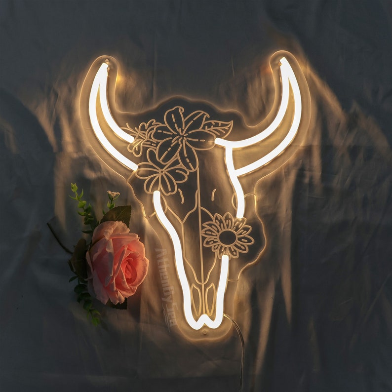Cow Skull Flower Neon Sign, Floral Cow Skull, Cow Skull Decor, Western ...