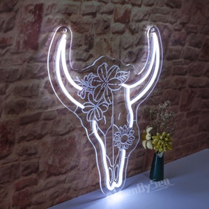 Cow Skull Flower Neon Sign, Floral Cow Skull, Cow Skull Decor, Western ...