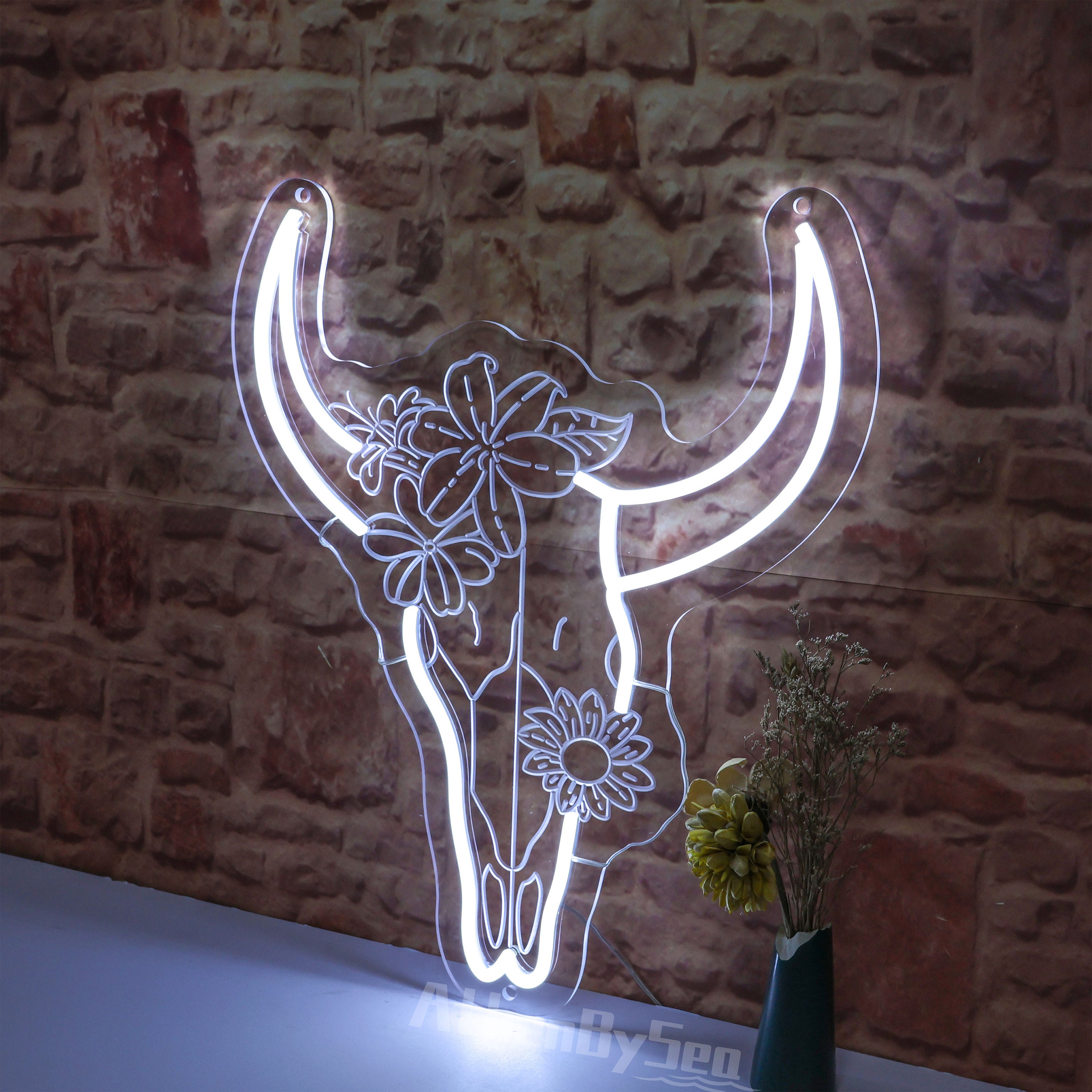Cow Skull Flower Neon Sign, Floral Cow Skull, Cow Skull Decor, Western ...