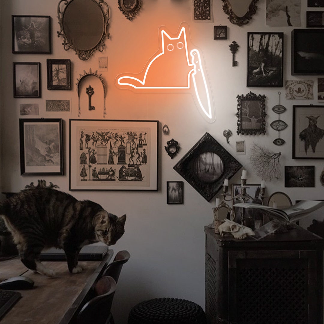 Murder Knife Cat Neon Sign, Cat With Knife, Black Murder Cat, Halloween ...