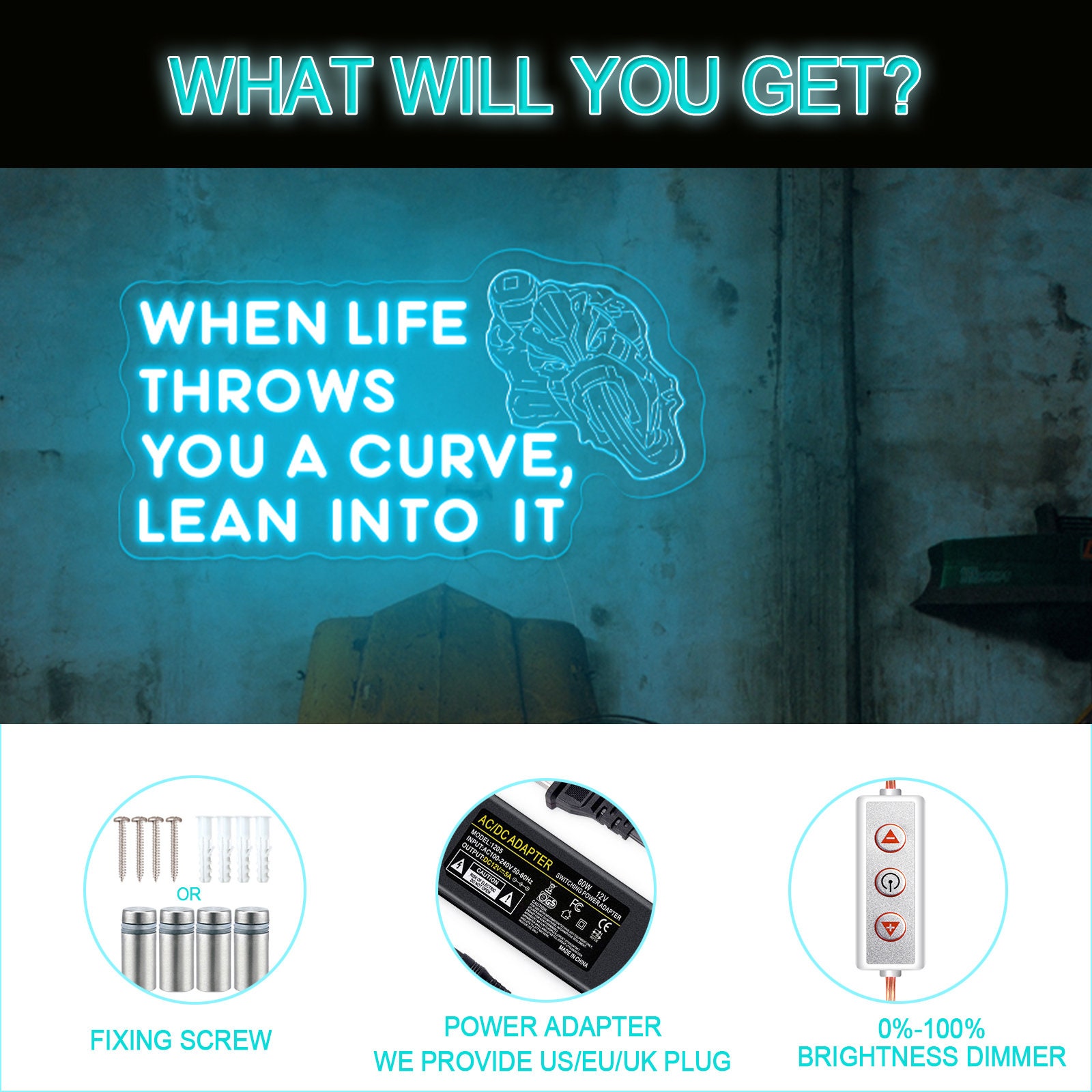 When Life Throws You a Curve Lean Into It Neon Sign, Motorcycle Quote ...