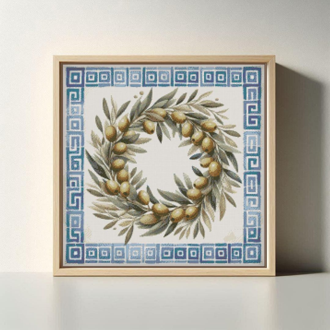 Greek Key Olive Wreath Cross Stitch Pattern | Mediterranean Embroidery ...