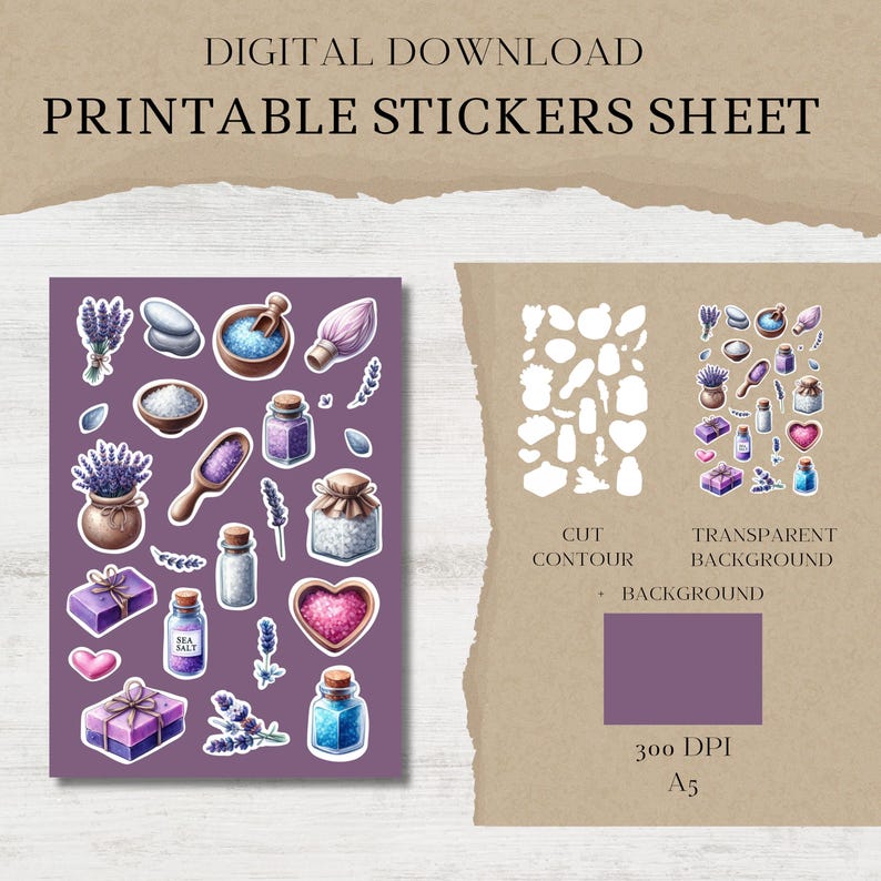 Printable Lavender-themed Stickers Sheetdigital Downloadaesthetic ...