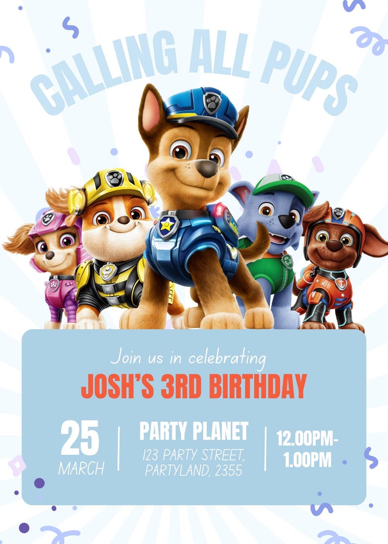 Paw Birthday Invitation, Paw-ty Kids Invite, Calling All Pups ...