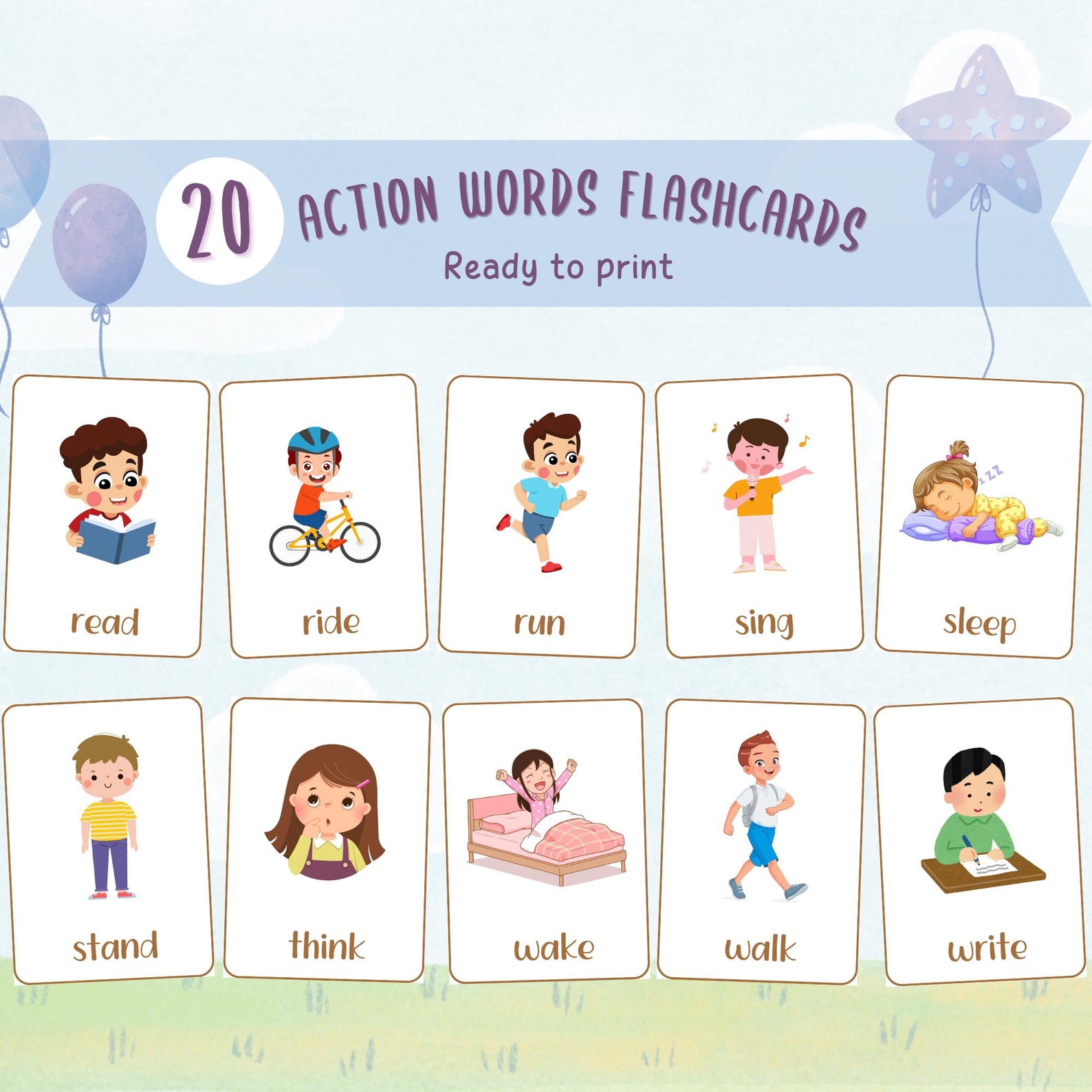 Action Words Flashcards, Montessori Learning for Toddlers, Printable ...