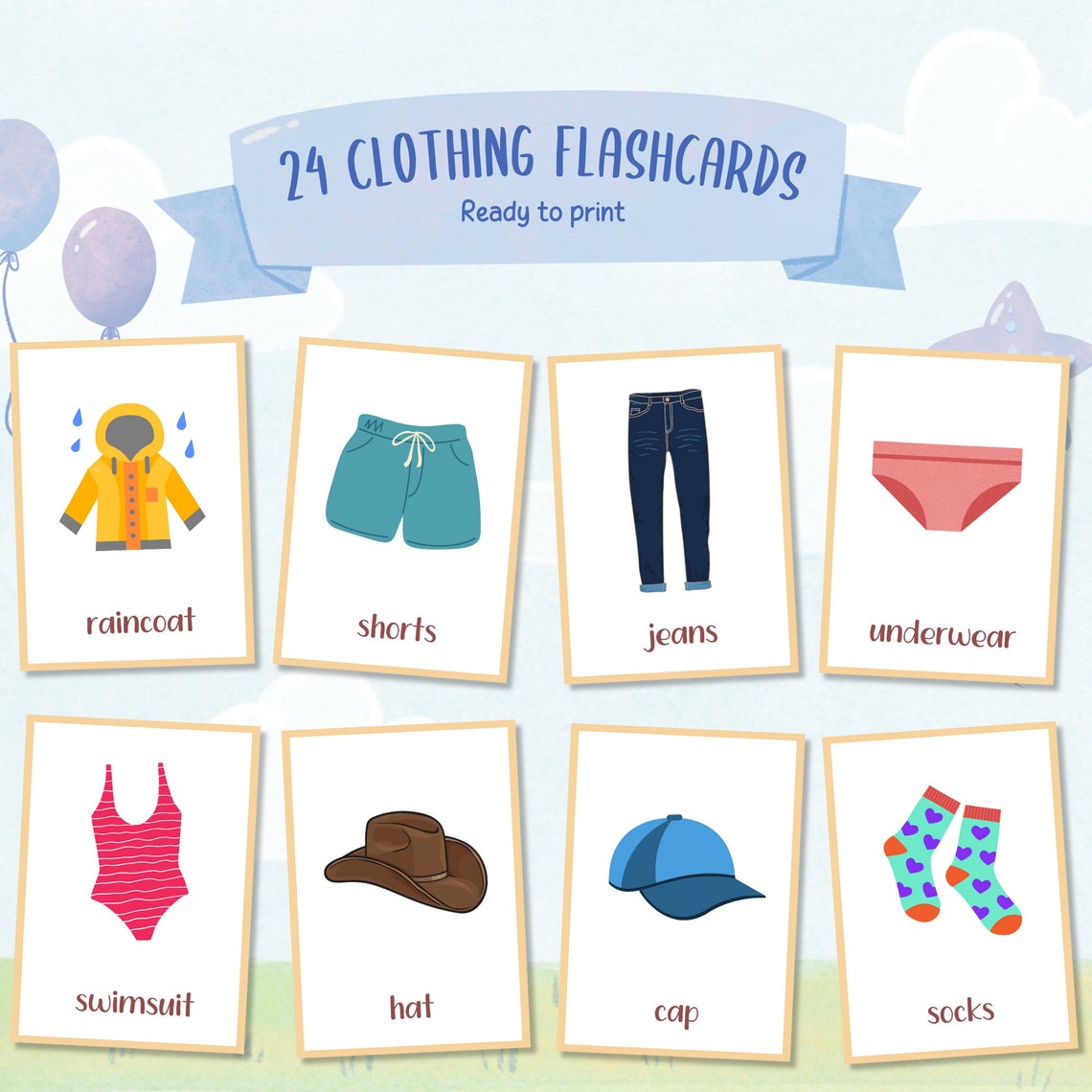 Clothing Flash Cards, Montessori Cards, Vocabulary Learning, Preschool ...