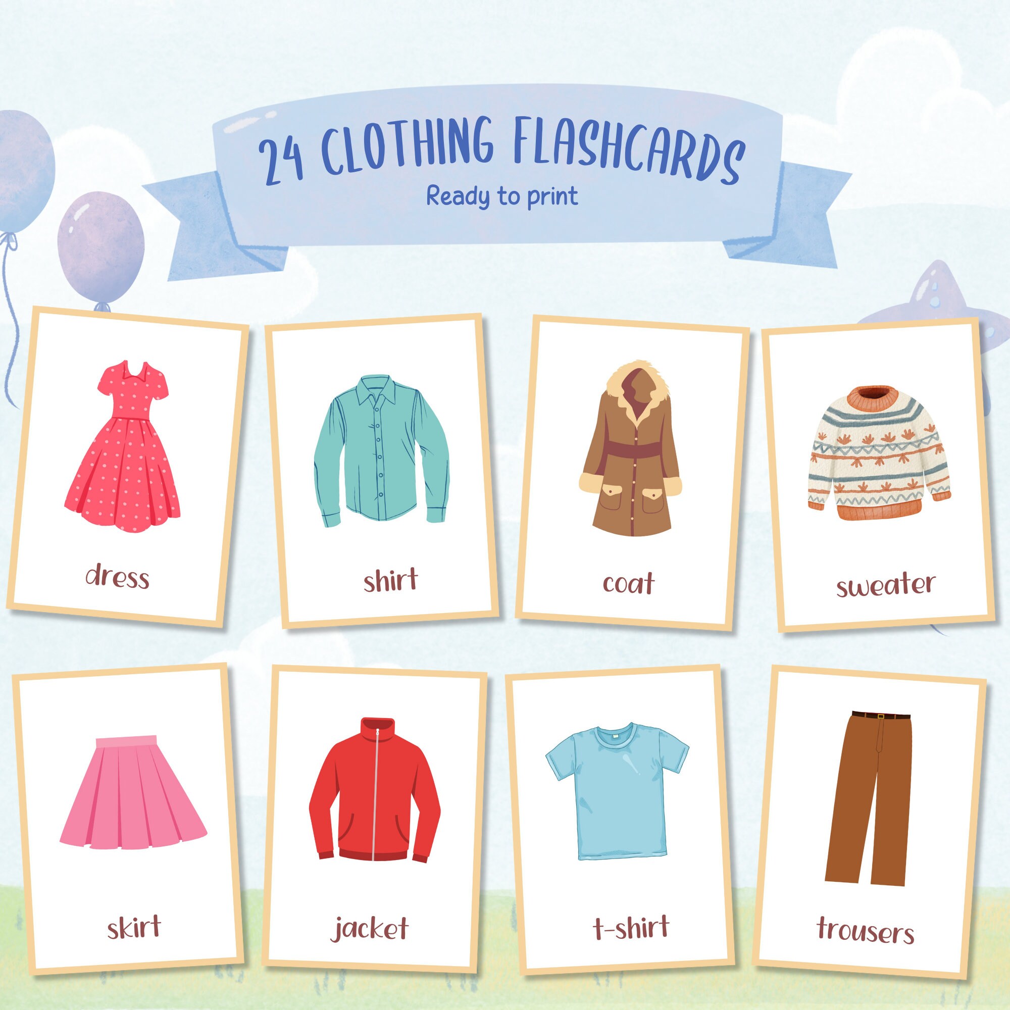 Clothing Flash Cards, Montessori Cards, Vocabulary Learning, Preschool ...