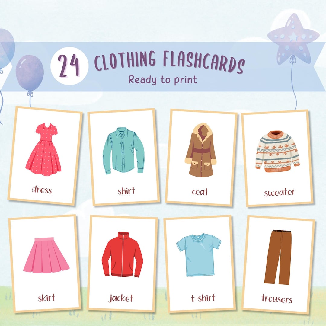 Clothing Flash Cards, Montessori Cards, Vocabulary Learning, Preschool ...