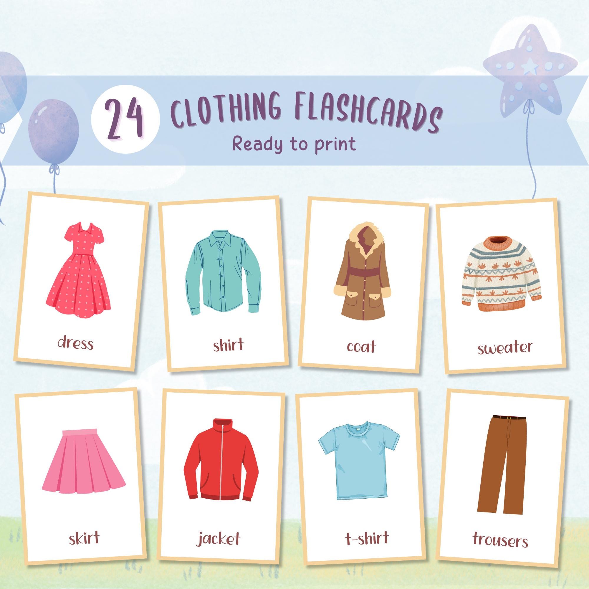 Clothing Flash Cards, Montessori Cards, Vocabulary Learning, Preschool ...