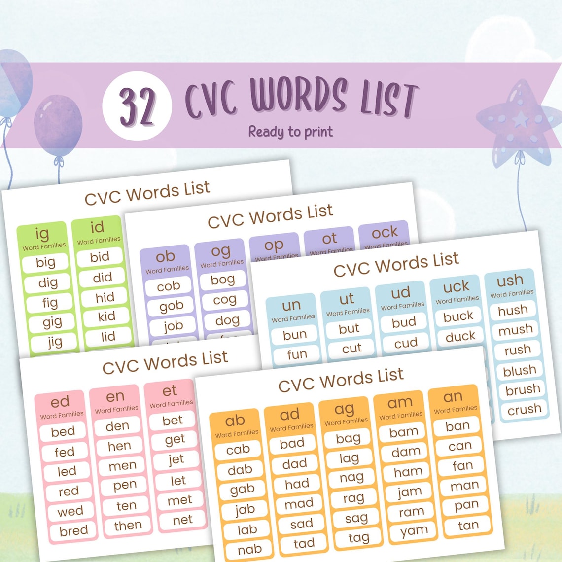 CVC Words List for Kindergarten, Phonics Word Families, Printable ...
