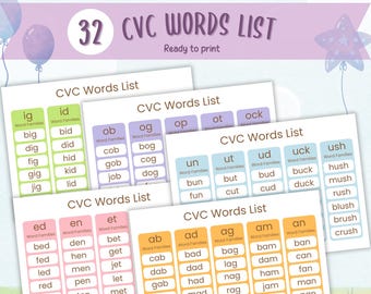 CVC Words List for Kindergarten, Phonics Word Families, Printable ...