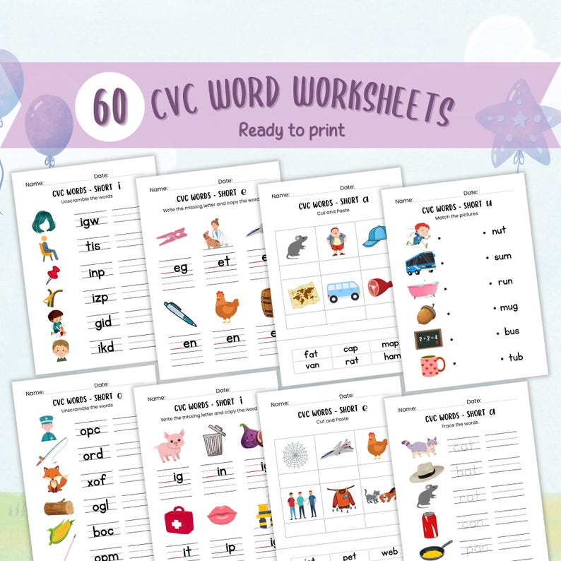 CVC Words, Phonics Printables, Sight Word Worksheets, Kindergarten ...