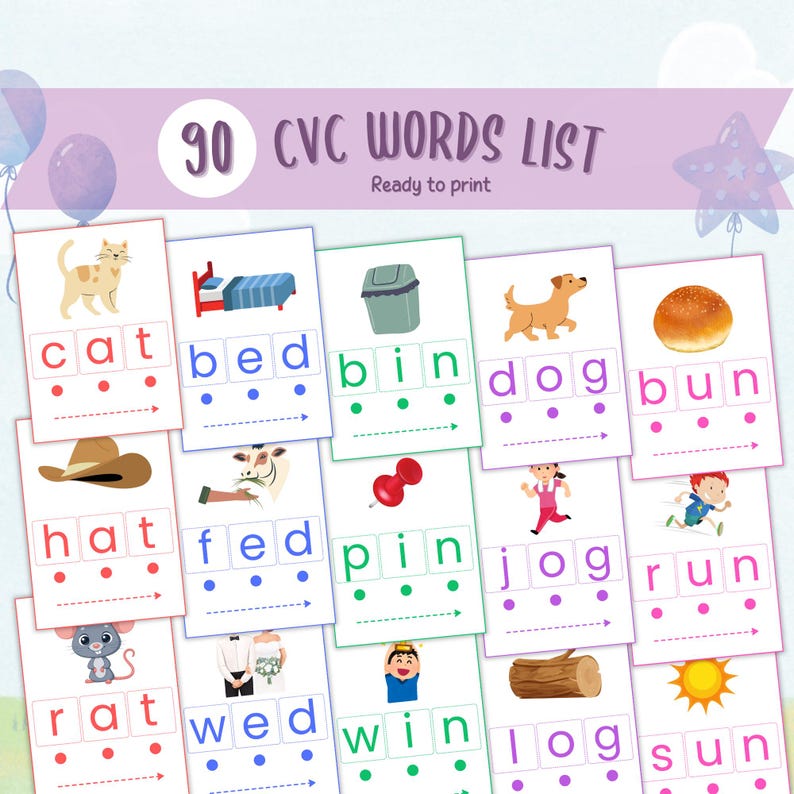 CVC Words, Phonics Printables for Kindergarten, Learn to Read, Flash ...