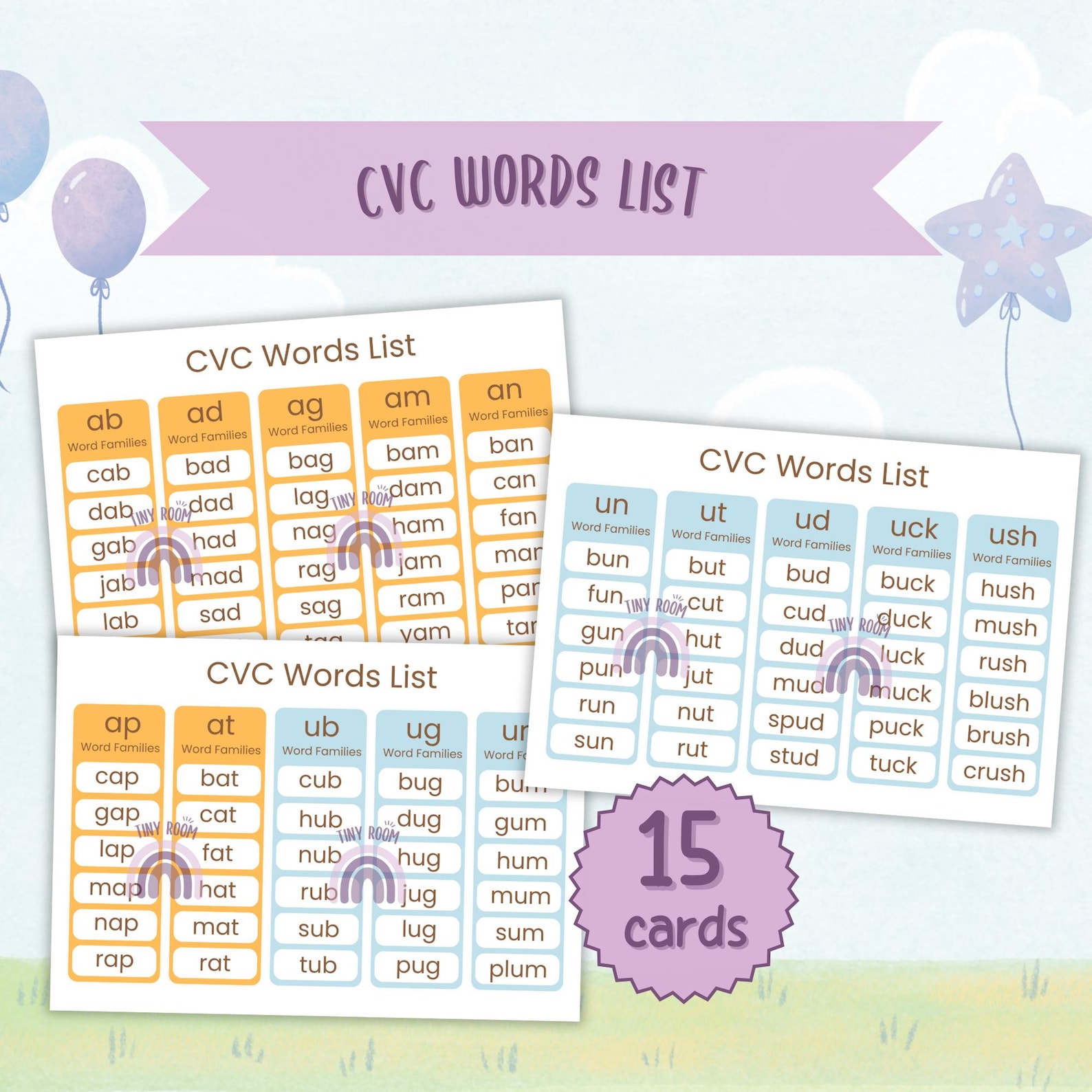 CVC Words List for Kindergarten, Phonics Word Families, Printable ...