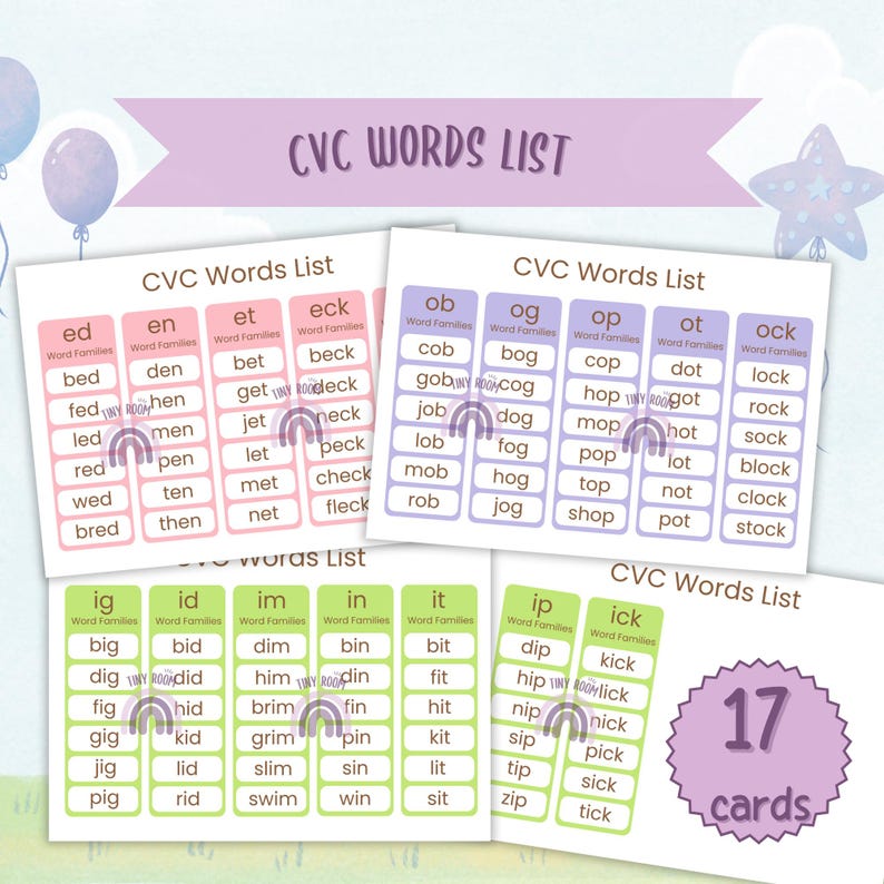 CVC Words List for Kindergarten, Phonics Word Families, Printable ...
