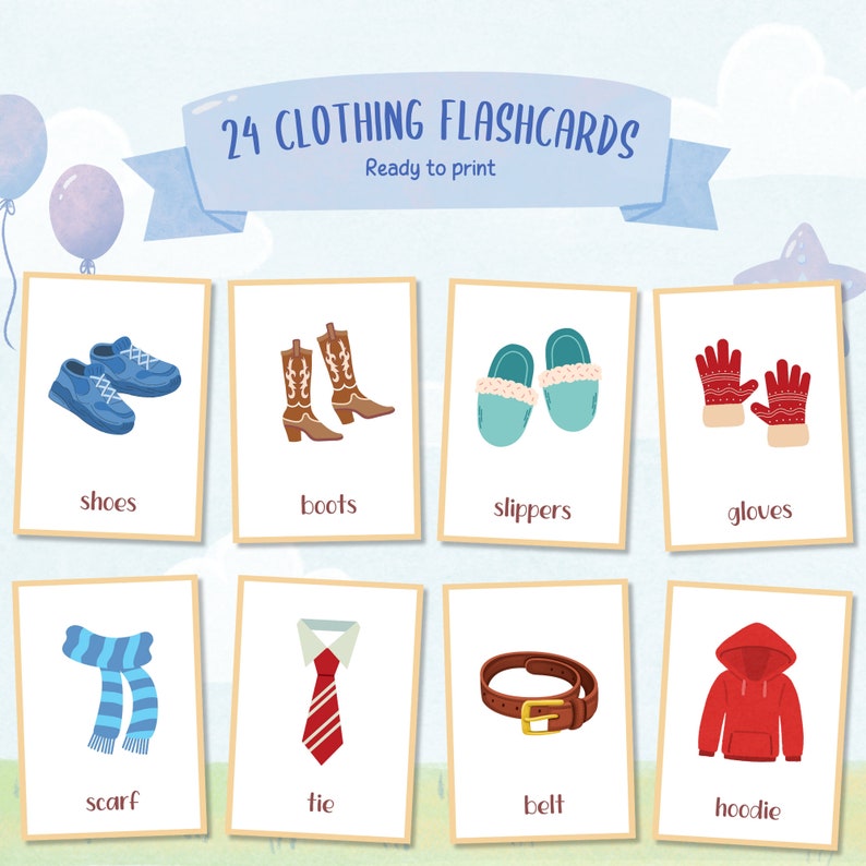Clothing Flash Cards, Montessori Cards, Vocabulary Learning, Preschool ...
