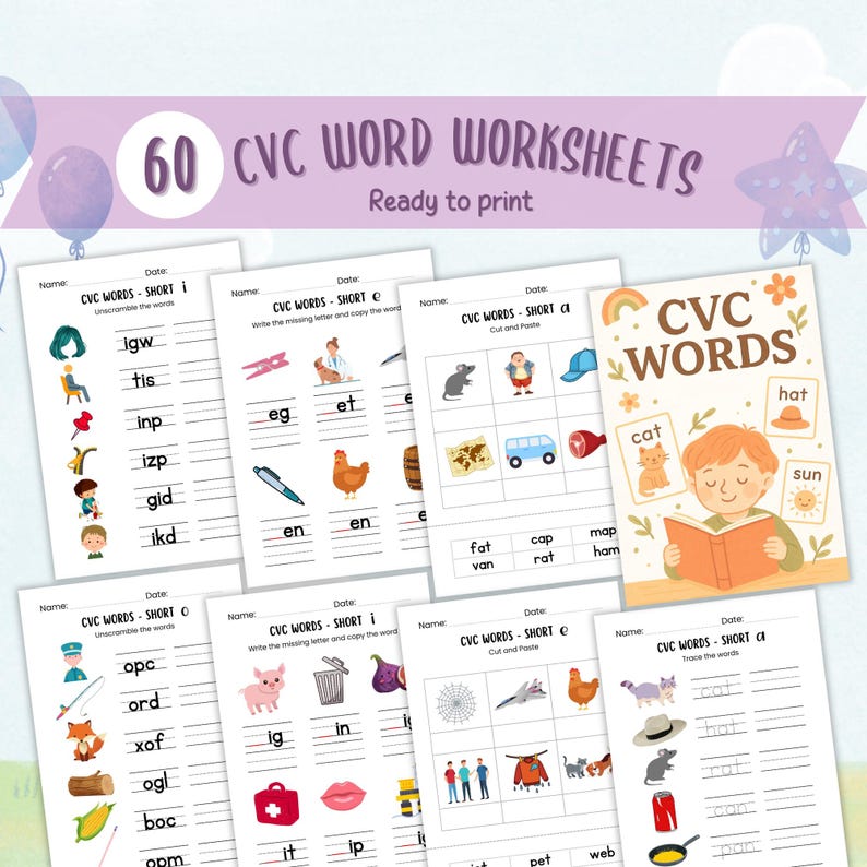 CVC Word Worksheets, Phonics Printable PDF, Kindergarten Reading ...